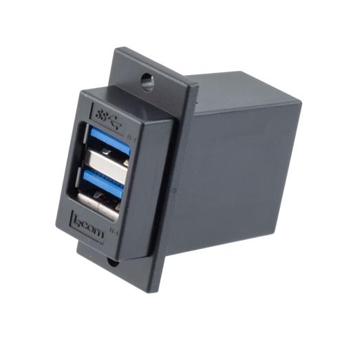 USB 3.0双层堆栈式适配耦合器，ECF法兰面板安装型，2个A型母头至2个A型母头，ABS外壳，黑色